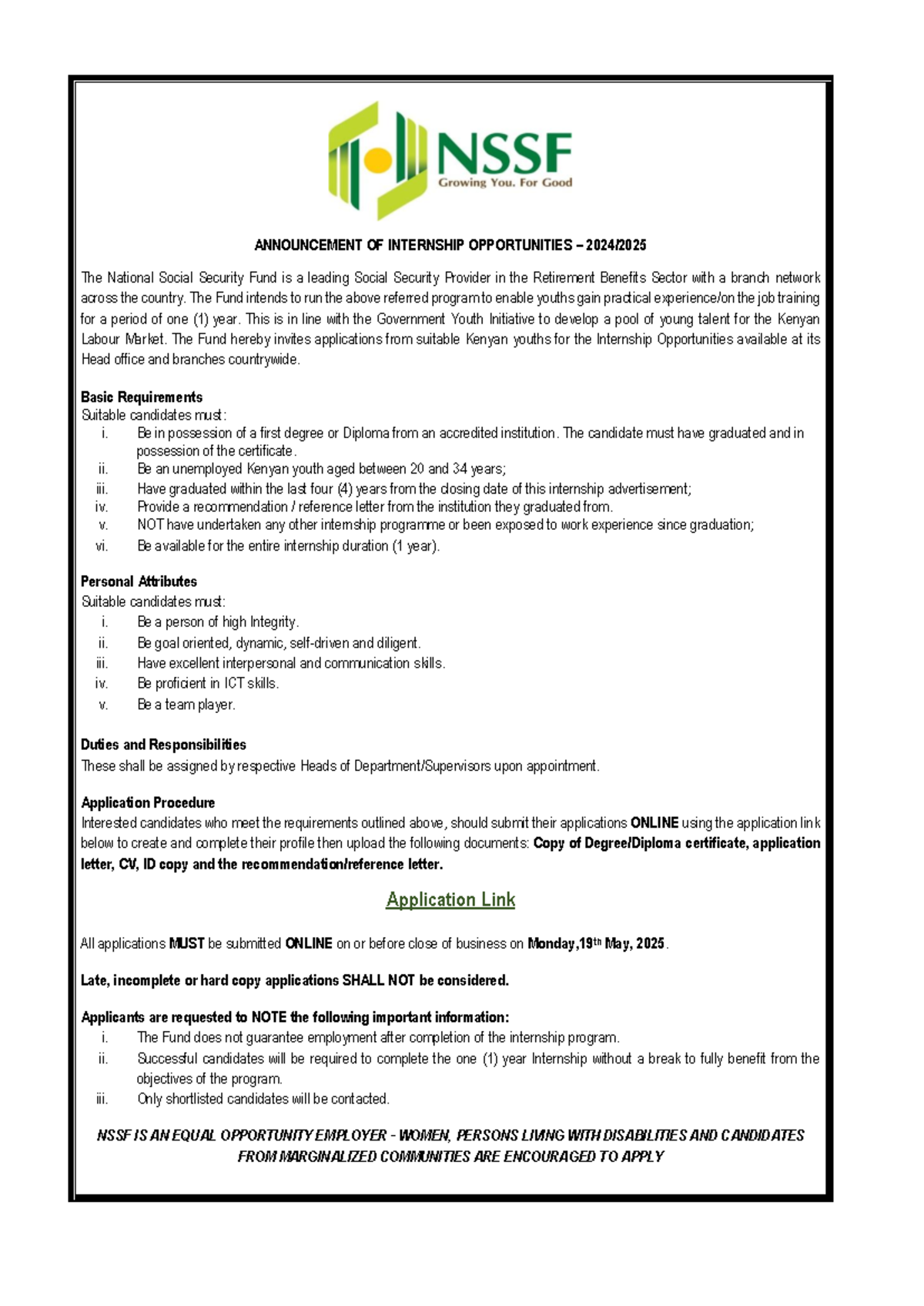 Internship Opportunities Announcement - NSSF April 2025 - Studocu