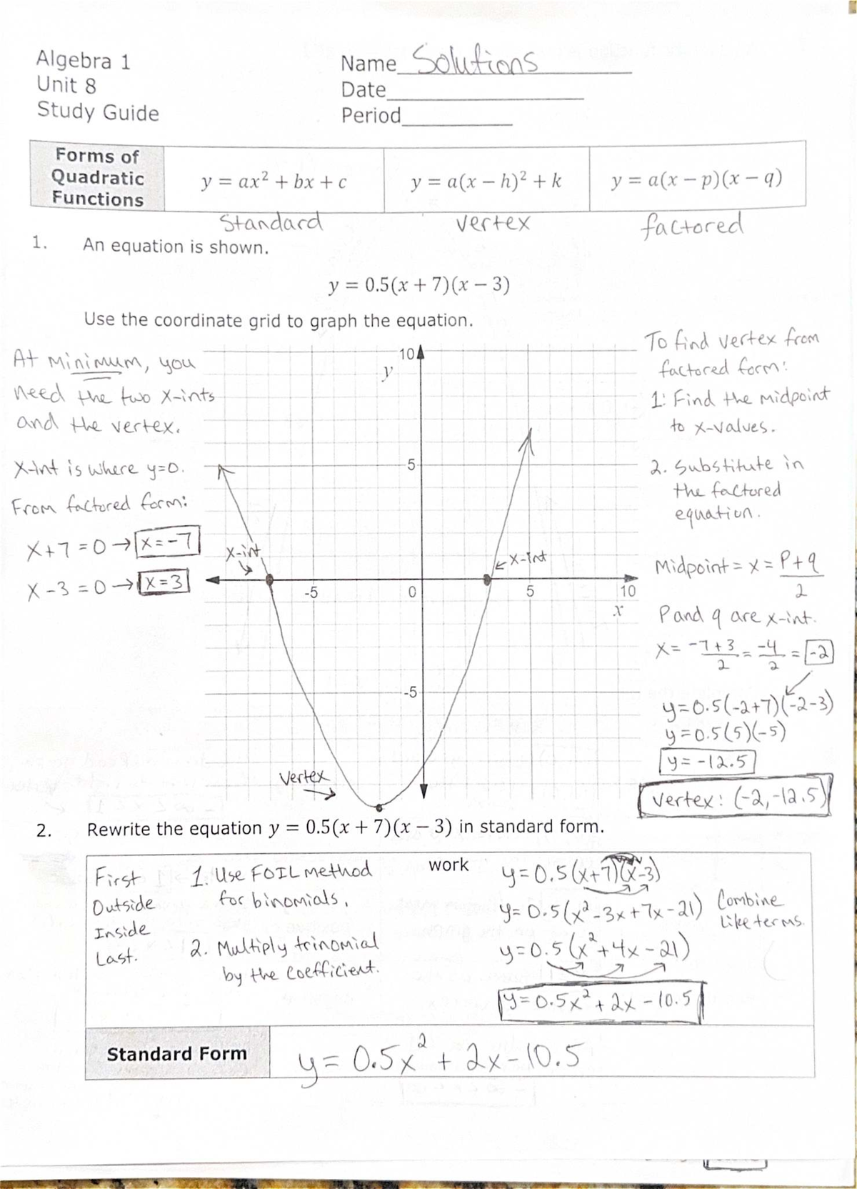 Algebra 1 Unit 8 Study Guide: Quadratic Functions - Studocu