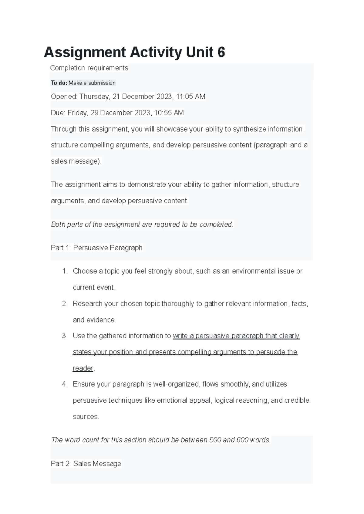 Unit 6 assignment: Persuasive paragraph and sales message guidelines ...