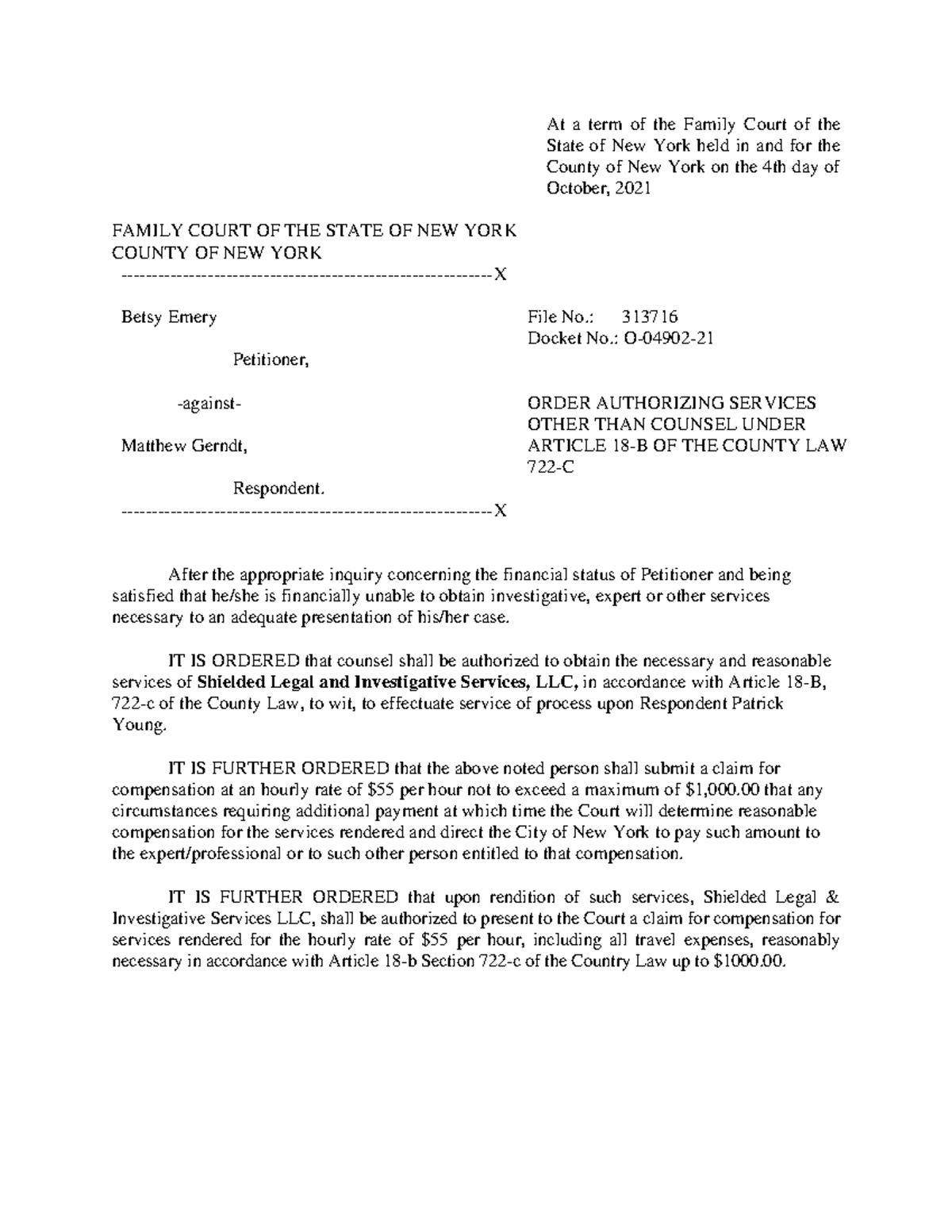 Paralegal Task Sample 722c - At a term of the Family Court of the State ...