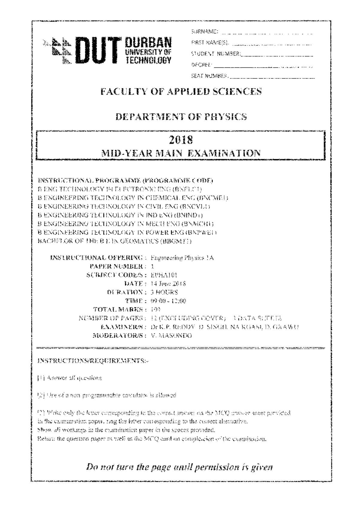 2018 Mid Year Main Exam QP: Engineering Physics 1A (EPHA101) - Studocu