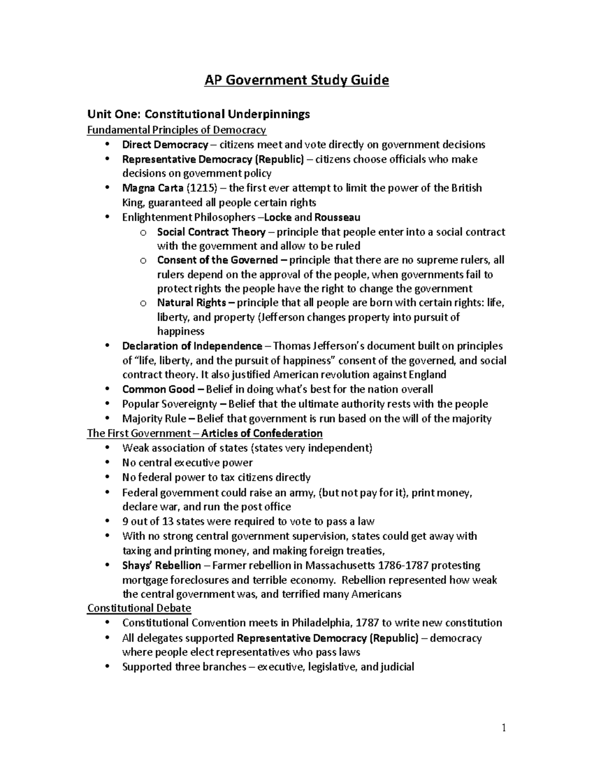 AP Government Review Packet - AP Government Study Guide Unit One ...