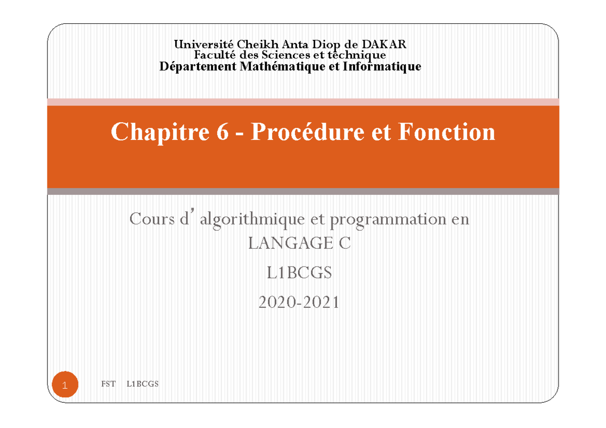 Chapitre 6 - Procedure et fonction - Cours d’algorithmique et ...