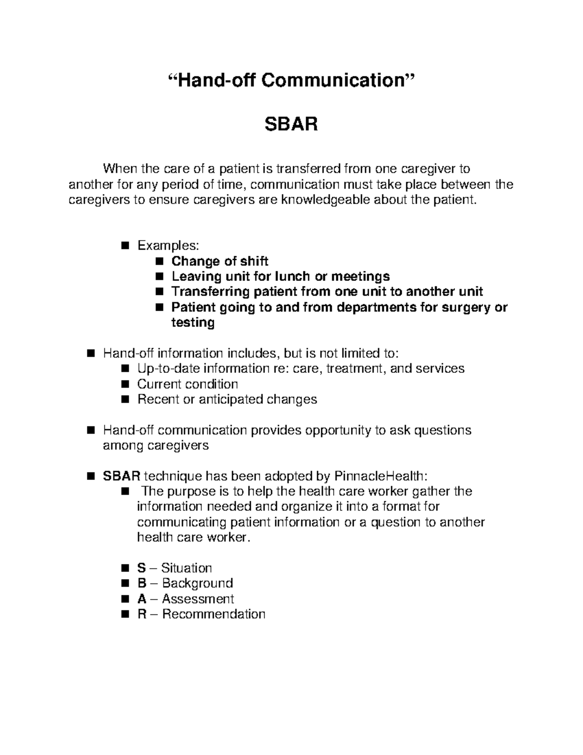 SBAR Communication Guidelines for Patient Care Transfer (002459) - Studocu