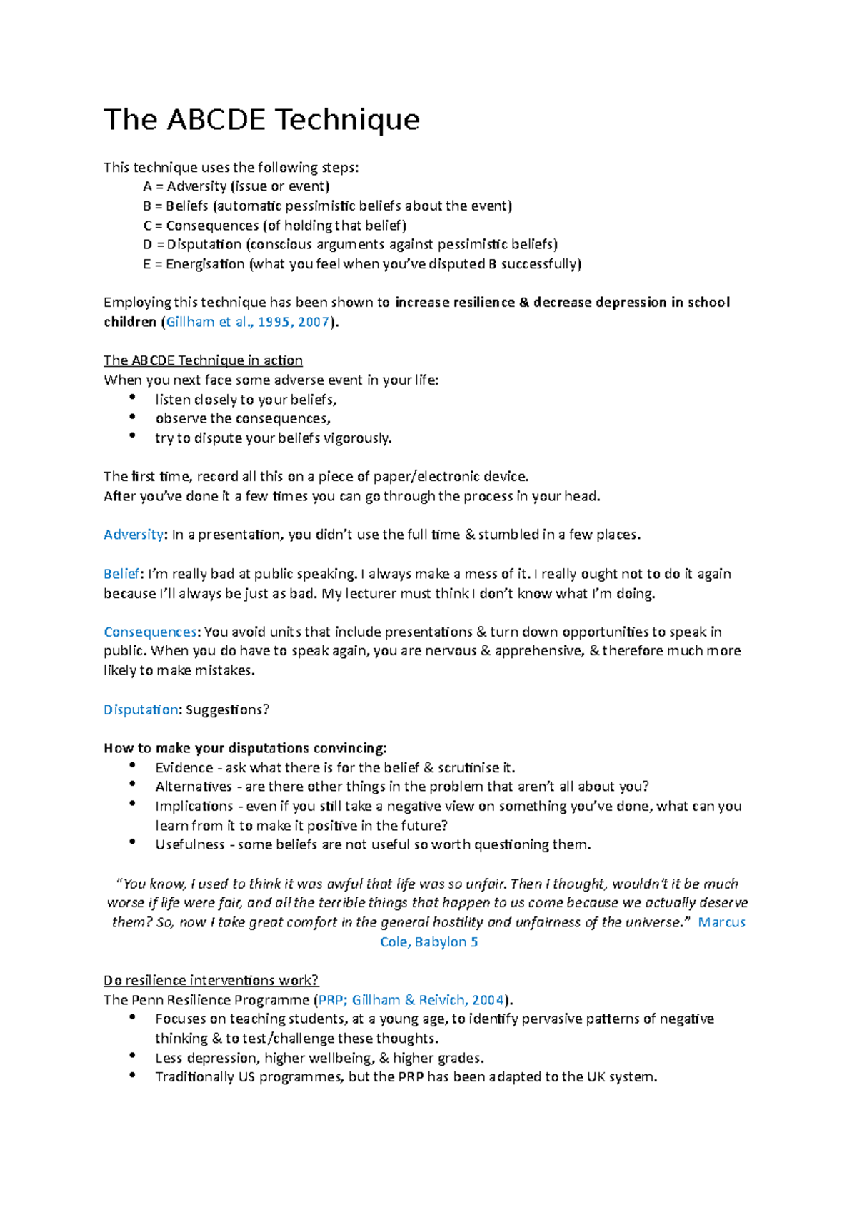 ABCDE Technique - Resilience Lecture Notes for Wellbeing (PSY101) - Studocu