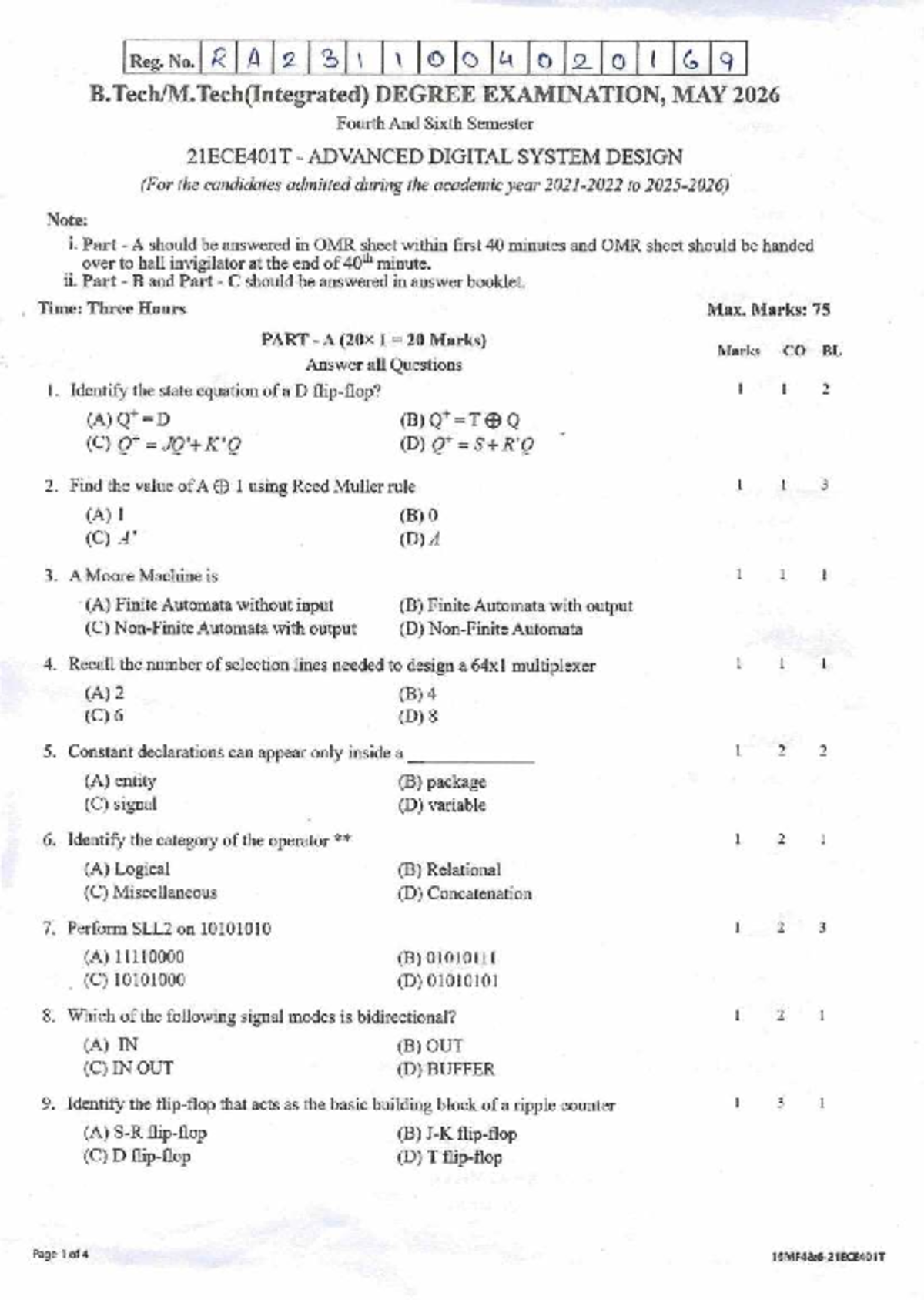 Question Paper 21ECE40: IT Advanced Digital System Design - May 2026 ...