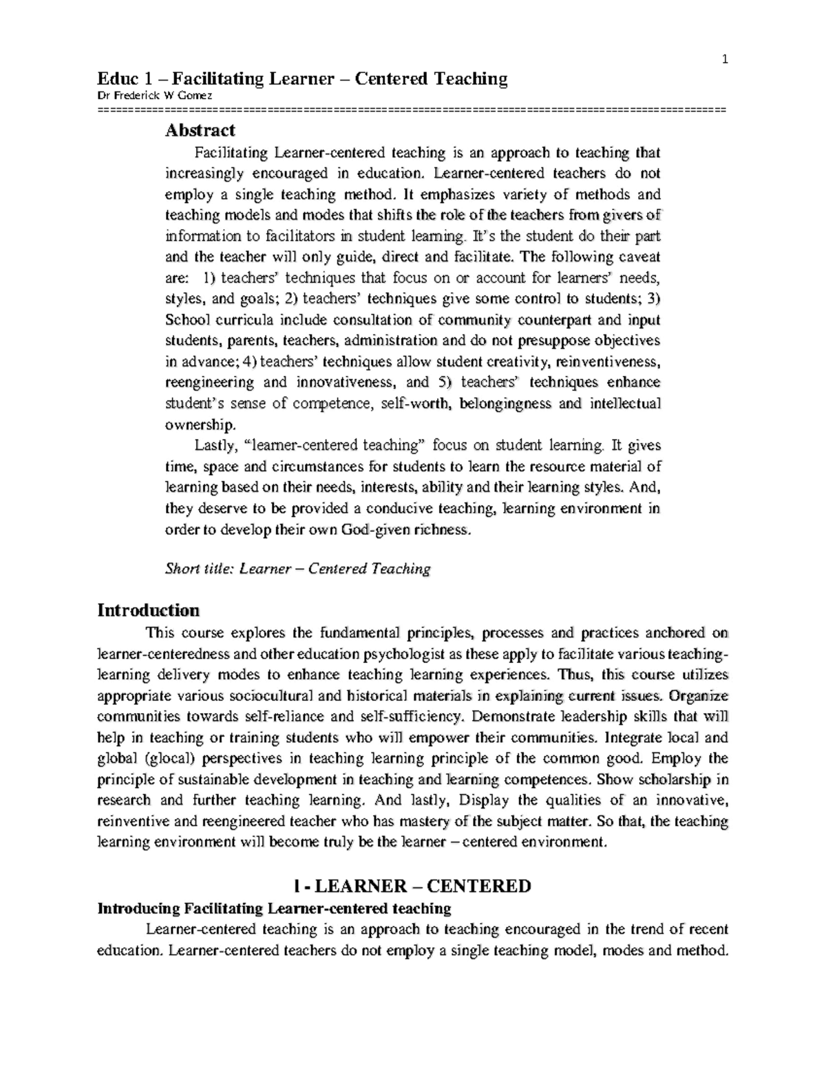 Facilitating Learner Centered Teaching C - Learner-centered teachers do ...