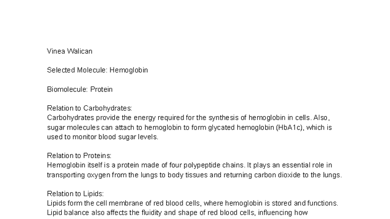 Biomolecule Study: Hemoglobin's Role in Energy & Transport - Studocu