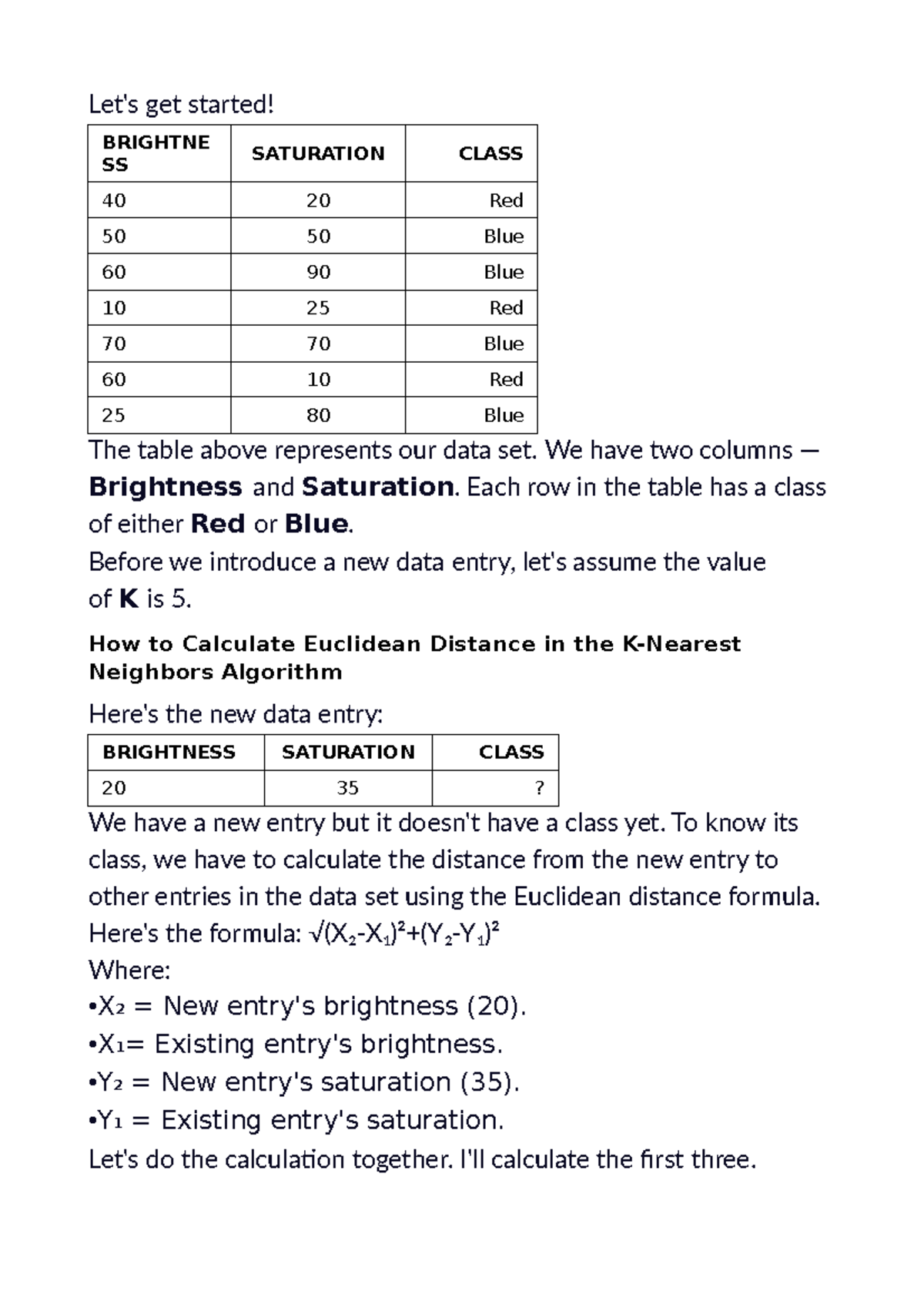 KNN Example: Calculating Distances & Classifying Data Entries - Studocu