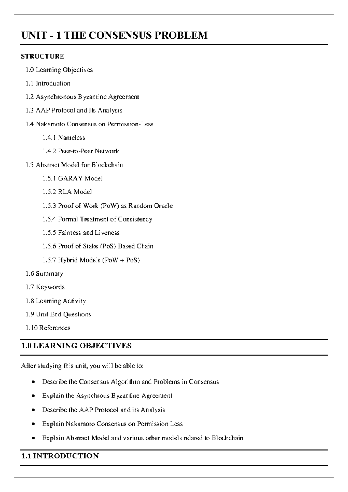 BC1 - UNIT - 1 THE CONSENSUS PROBLEM STRUCTURE 1 Learning Objectives 1 Introduction 1 ...