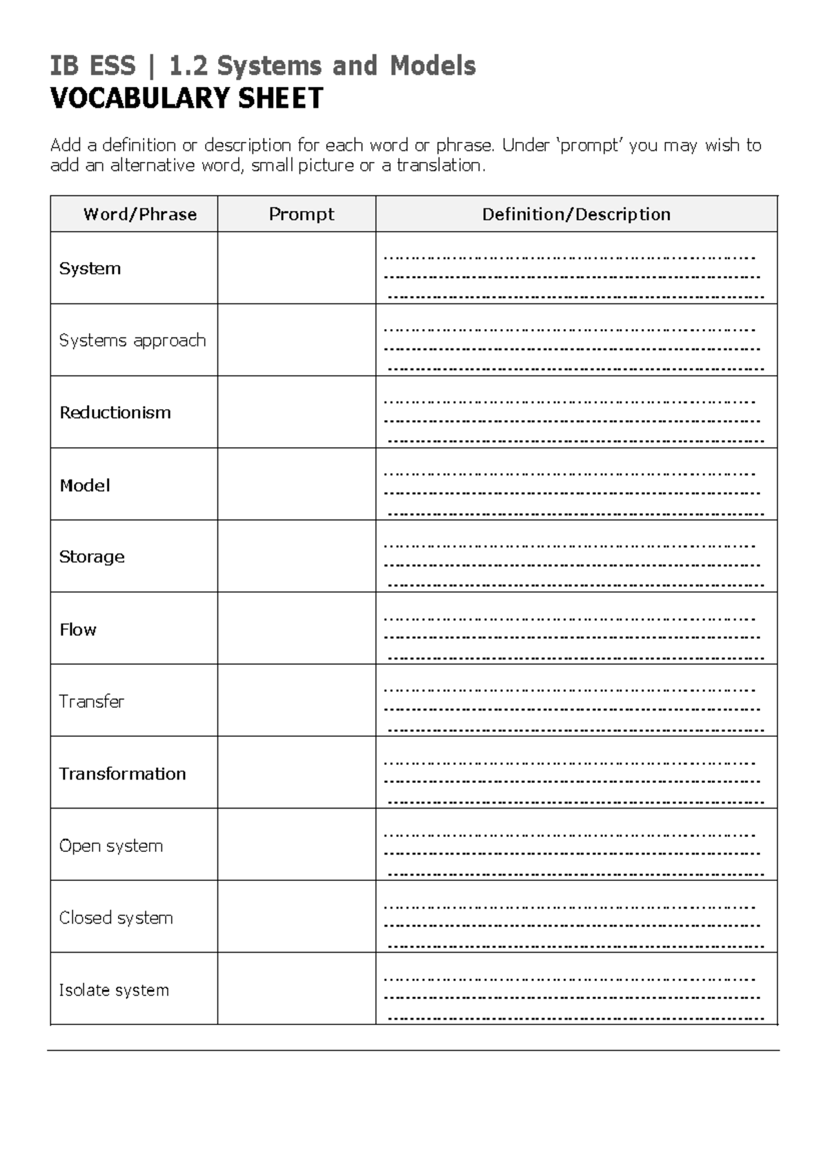Vocabulary List - IB ESS | 1 Systems and Models VOCABULARY SHEET Add a ...