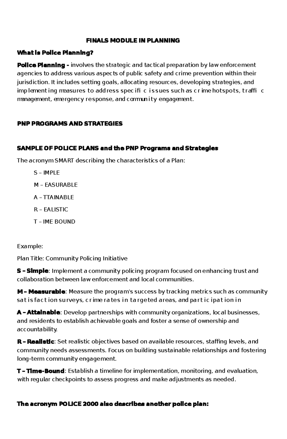 Final Exam on Police Planning Strategies and Frameworks - Studocu
