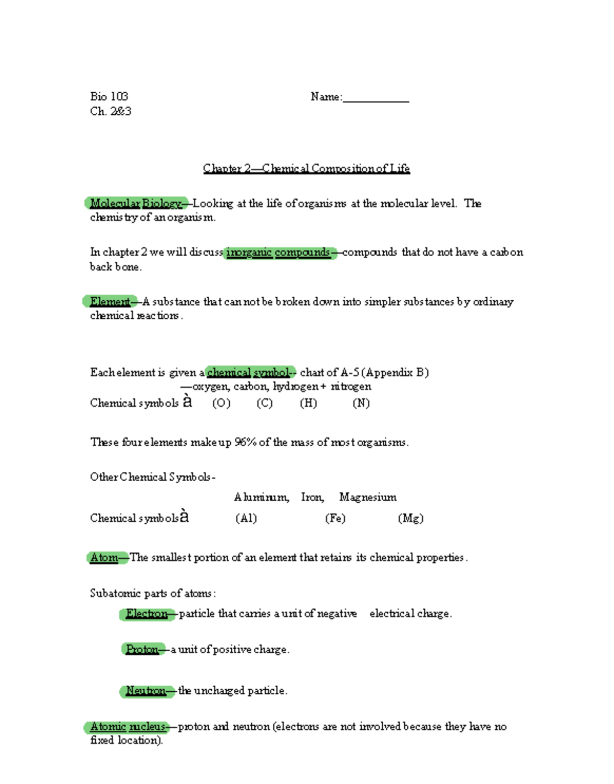Bio 103 - Chapter 2 & 3 Study Guide and Outline - Studocu