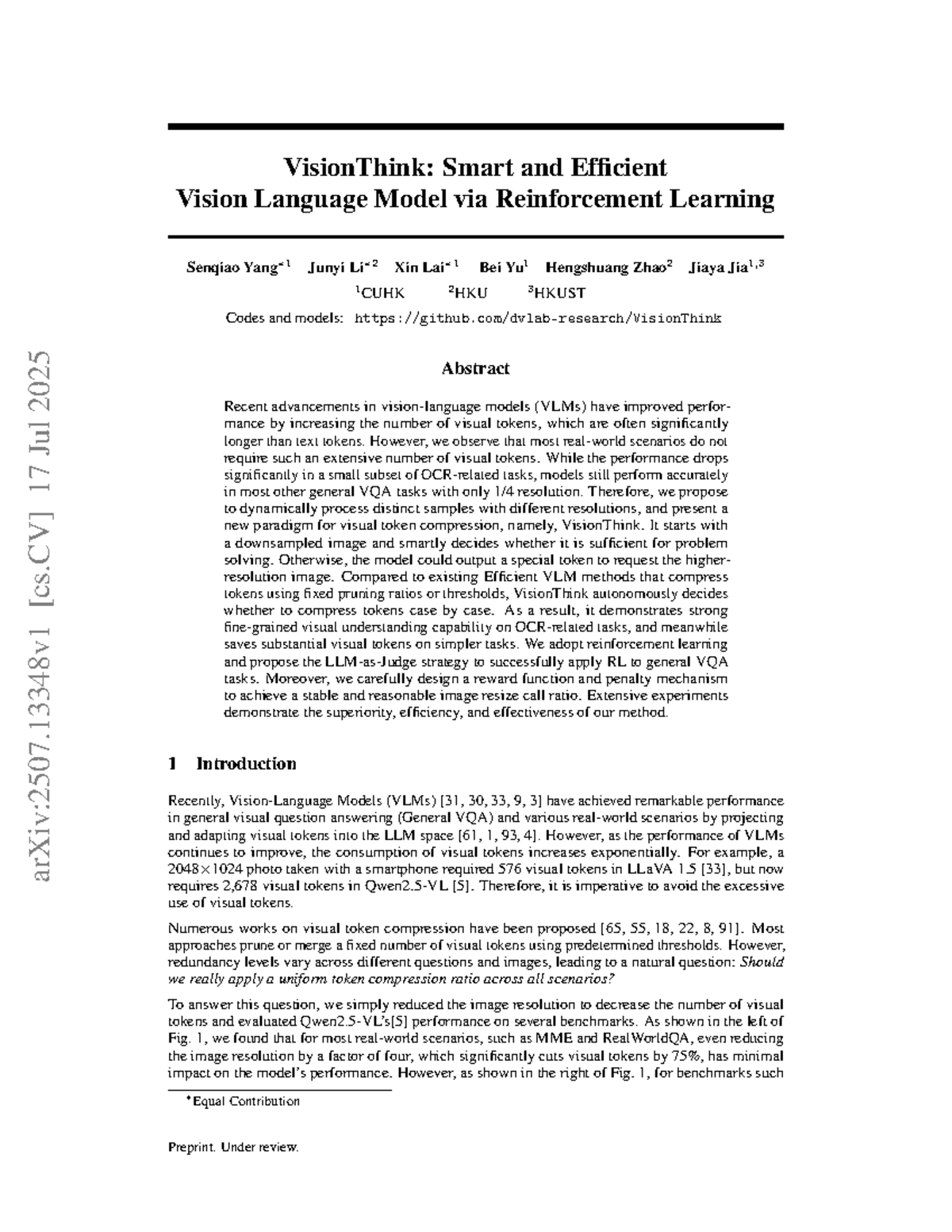 VisionThink: Efficient Visual Language Model via RL for General VQA ...