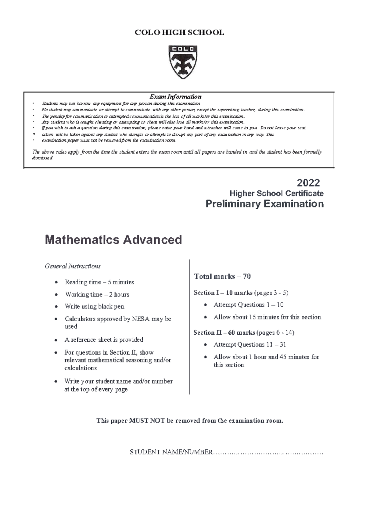 2022 COLO HSC Preliminary Exam Instructions & Guidelines - Studocu