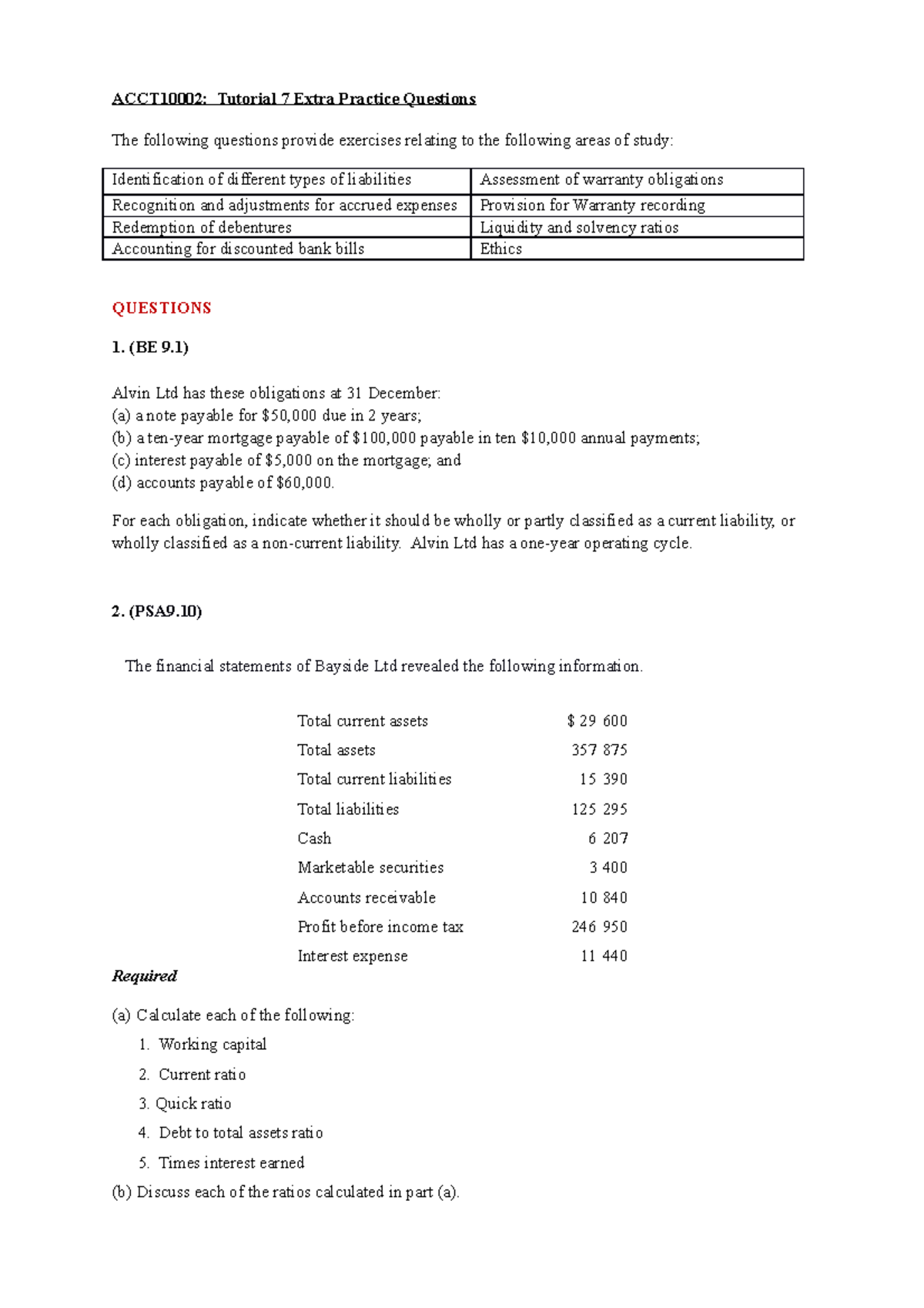 ACCT10002 Tutorial 7 Practice Qs & Solutions on Liabilities & Ratios ...