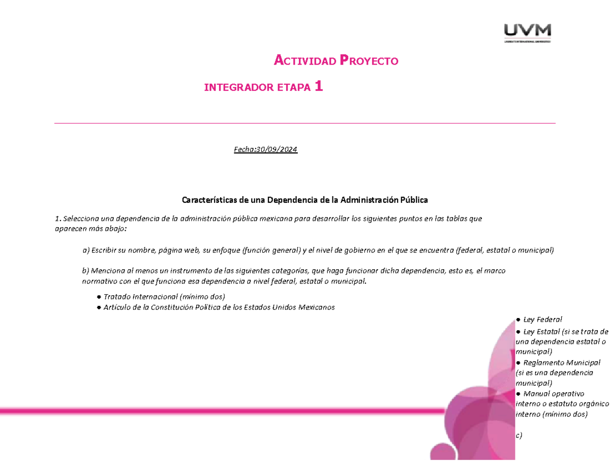 Actividad 3. Proyecto integrador etapa 1 Admon - ACTIVIDAD PROYECTO INTEGRADOR ETAPA 1 Fecha:30 ...