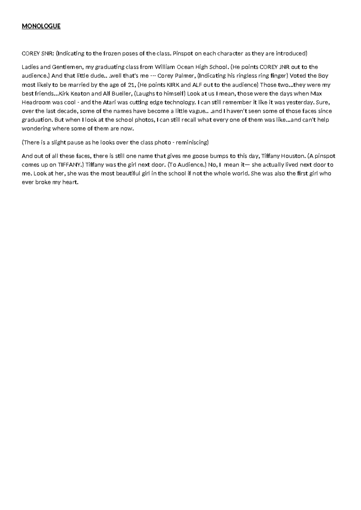 BTTE Audition Monologues: Corey SNR & Class Scenes - Studocu