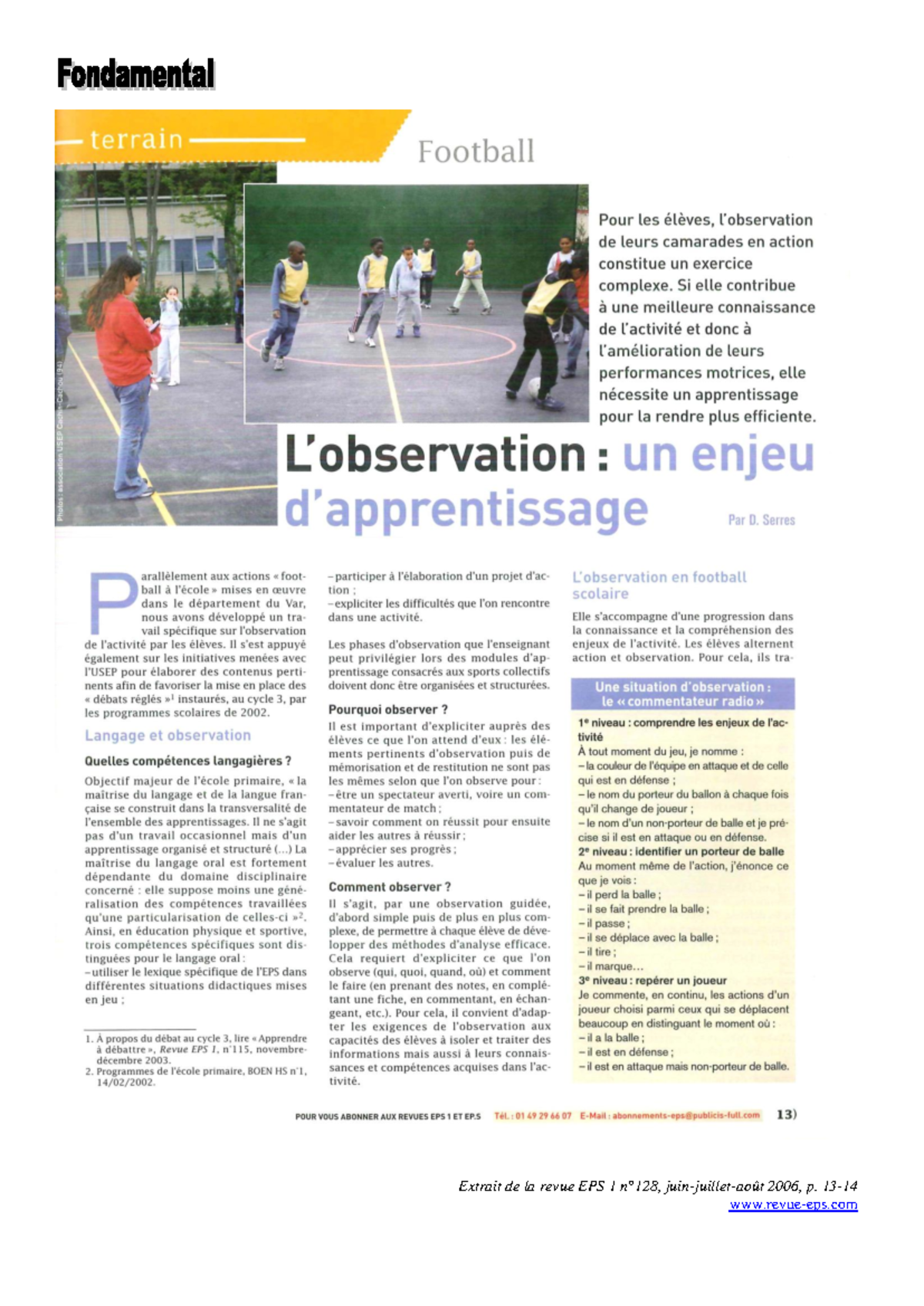F eps1 128 - l observation - un enjeu d apprentissage - football ...