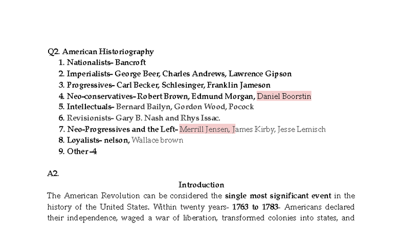 American Historiography: The Revolutionary Debate (HIST 101) - Studocu
