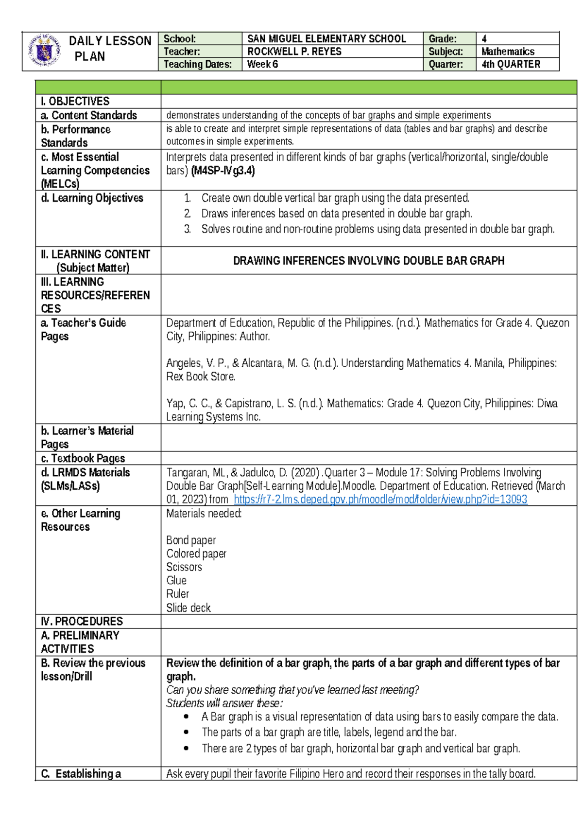 COT G4 MATH Q4 Daily Lesson Plan on Double Bar Graphs - Studocu