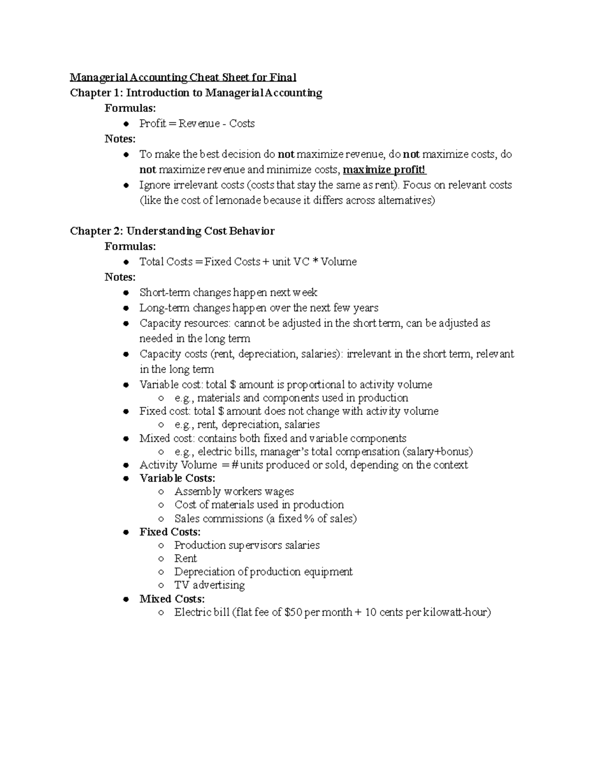 Managerial Accounting Cheat Sheet for Final Exam (Ch 1-2) - Studocu