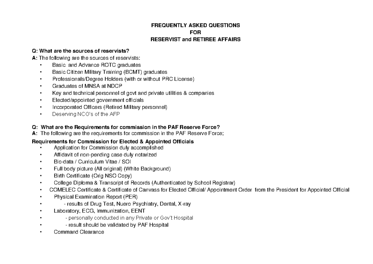 PAF Reserve Command: FAQs on Reservist & Retiree Affairs - Studocu
