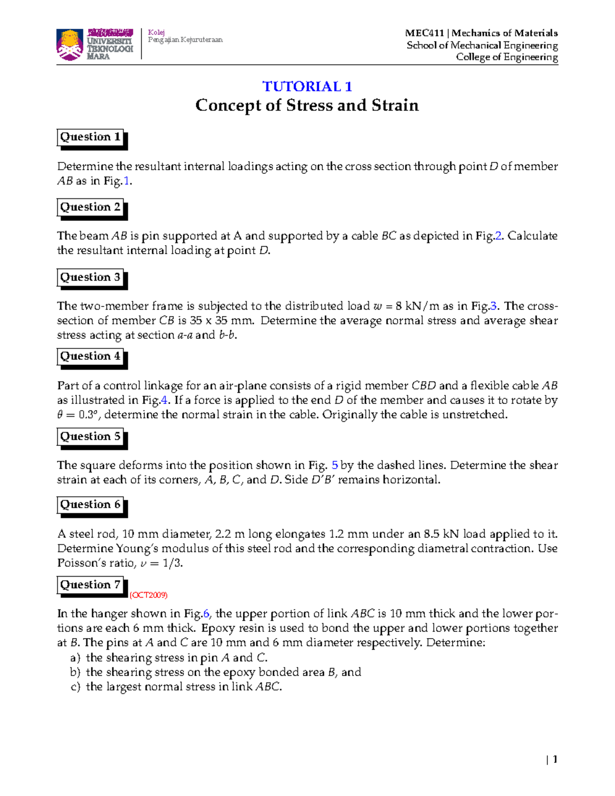 TUTORIAL 1 | MEC411 | Mechanics of Materials | Key Concepts & Problems ...