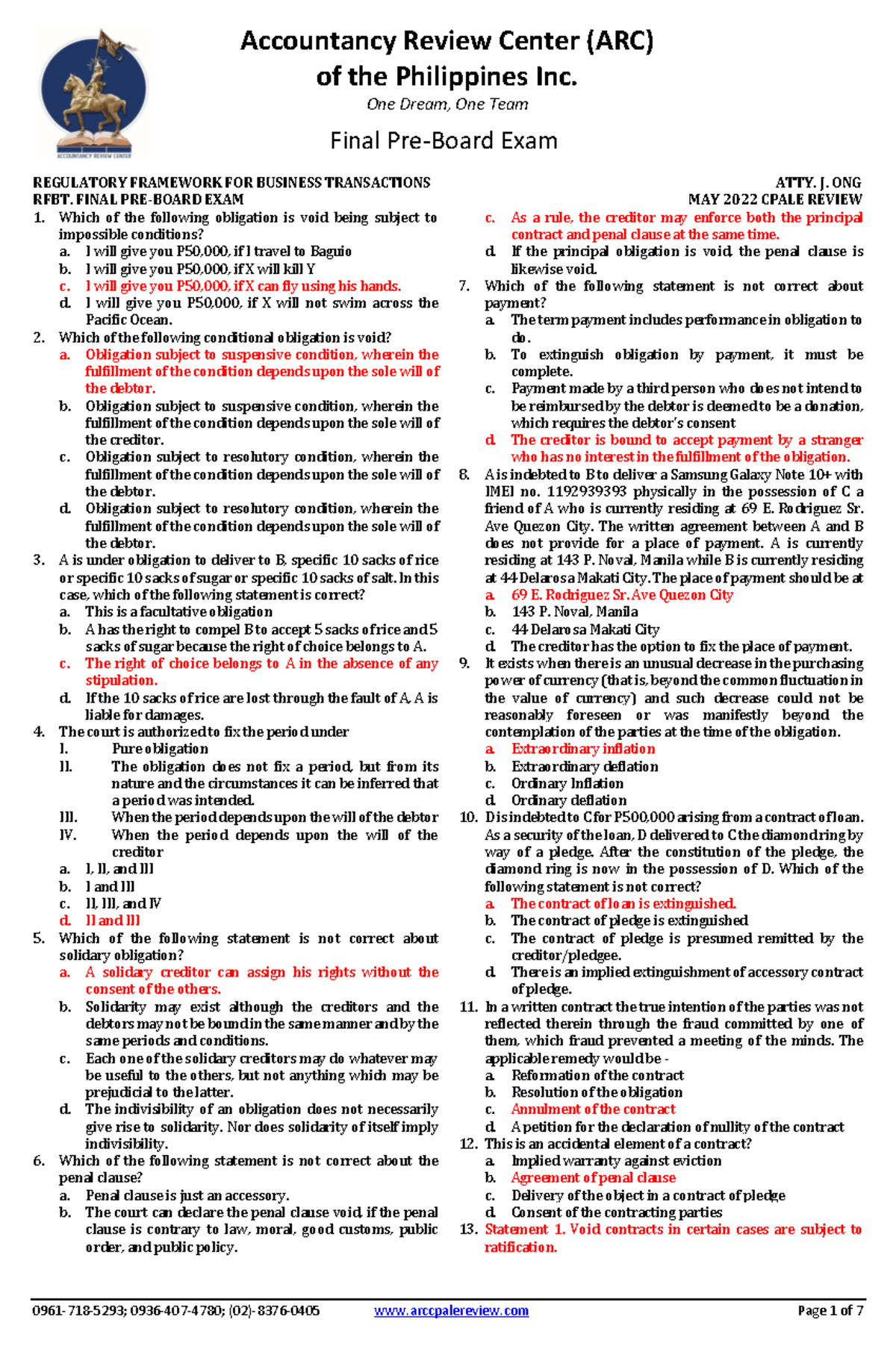 ARC RFBT 2205 Final Exam Review: Regulatory Framework for Business Transactions - Studocu
