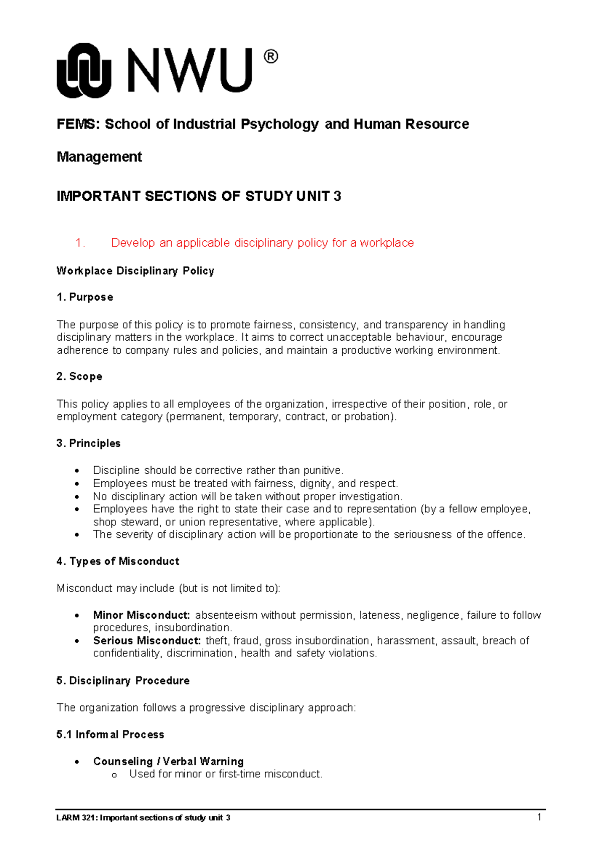 LARM 321: Key Guidelines for Workplace Disciplinary Policies - Studocu