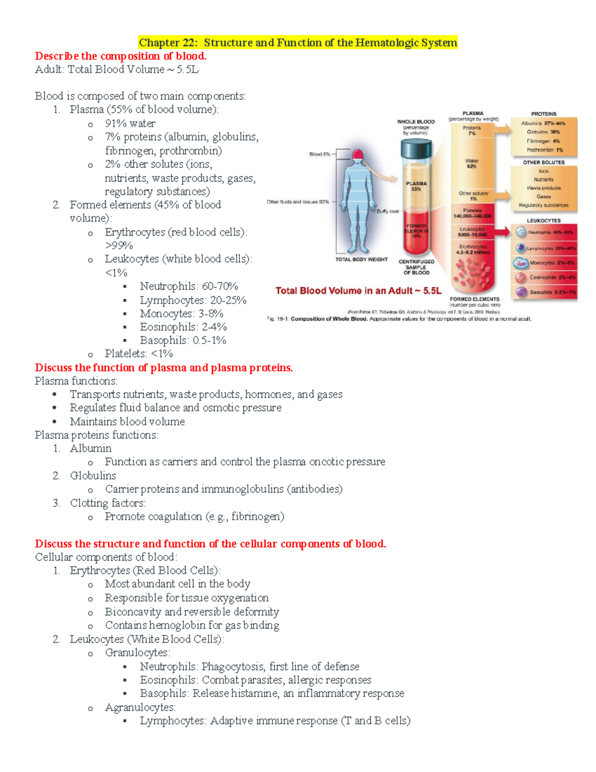 Hematology Study Guide: Chapter 22 & 23 Overview of Blood Composition ...