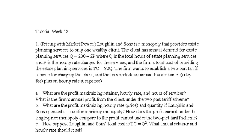 Tutorial Questions - Week 12 (Pricing & Game Theory) - Studocu