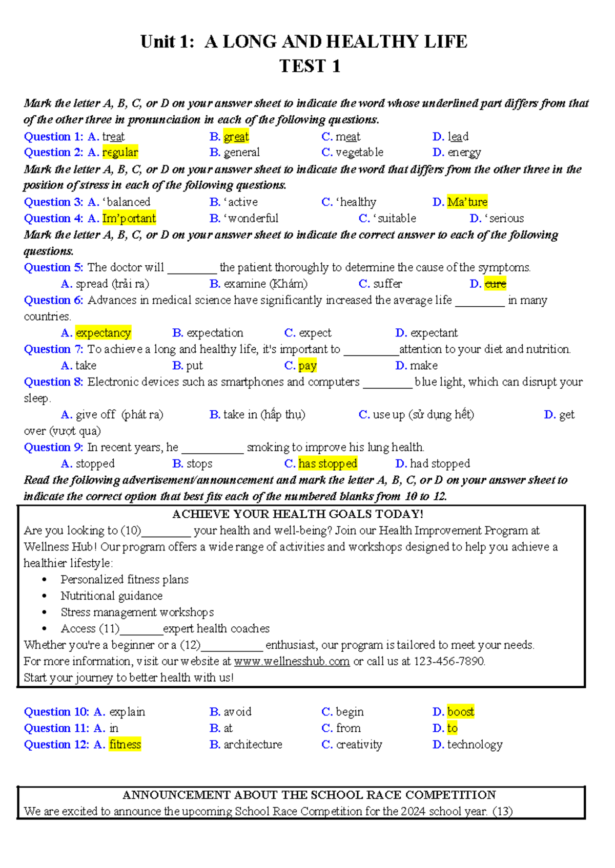 Unit 1 - Test 1: A Long and Healthy Life Assessment - Studocu