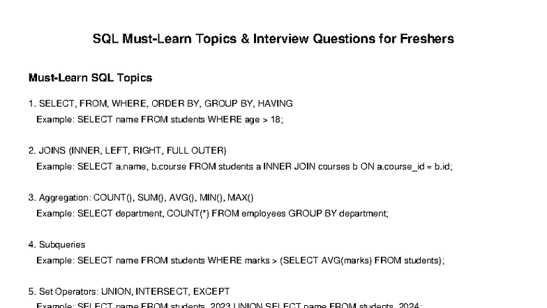 SQL Must Learn Topics: Interview Questions for Freshers - Studocu
