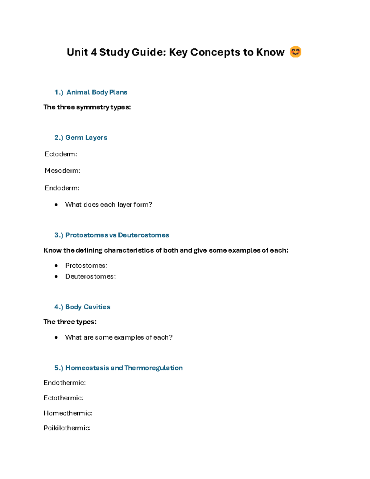 Unit 4 Study Guide: Key Concepts in Animal Biology - Studocu