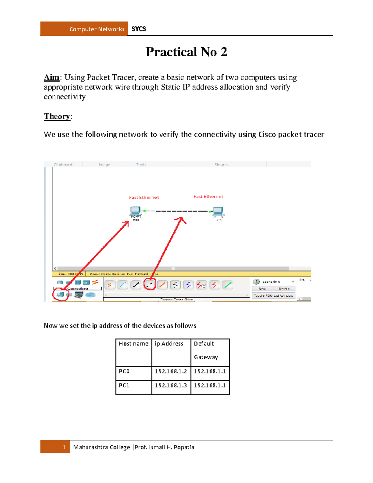 Computer Networks Practical No 2: Basic Network Setup with Packet ...