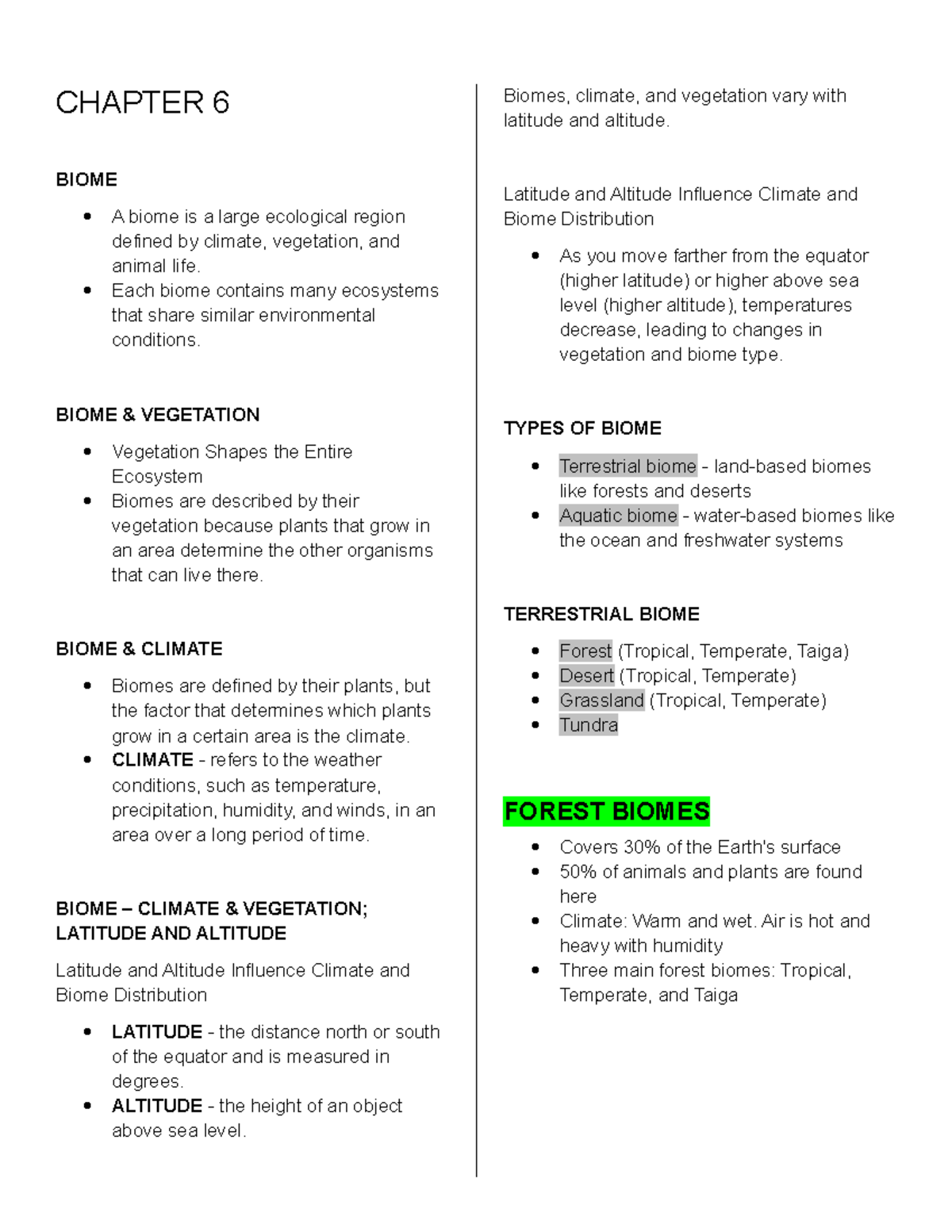 CHAPTER 6: BIOMES AND ECOSYSTEMS - CLIMATE, VEGETATION, AND ANIMALS ...
