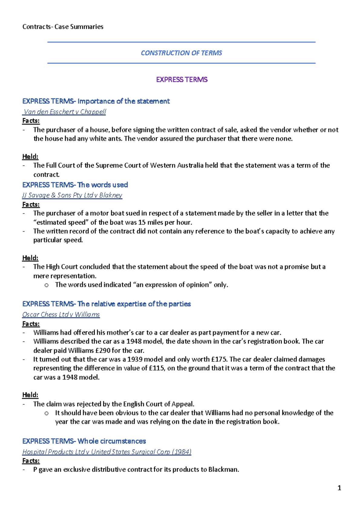 Contracts (LAW101) - Case Summaries on Express Terms and ...