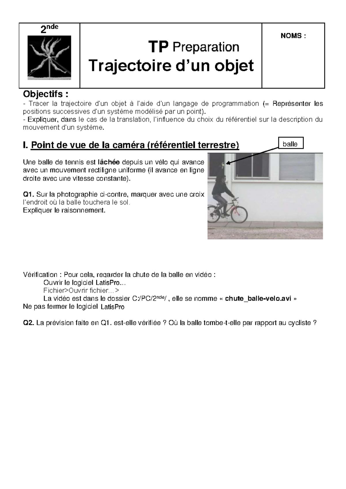 TP 2nde : Trajectoire Objet - Chapitre 3P et Objectifs de Modélisation ...