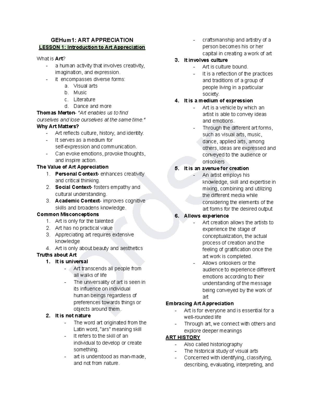GEHum1: ART APPRECIATION LESSON 1 - Understanding Art and Its Value ...