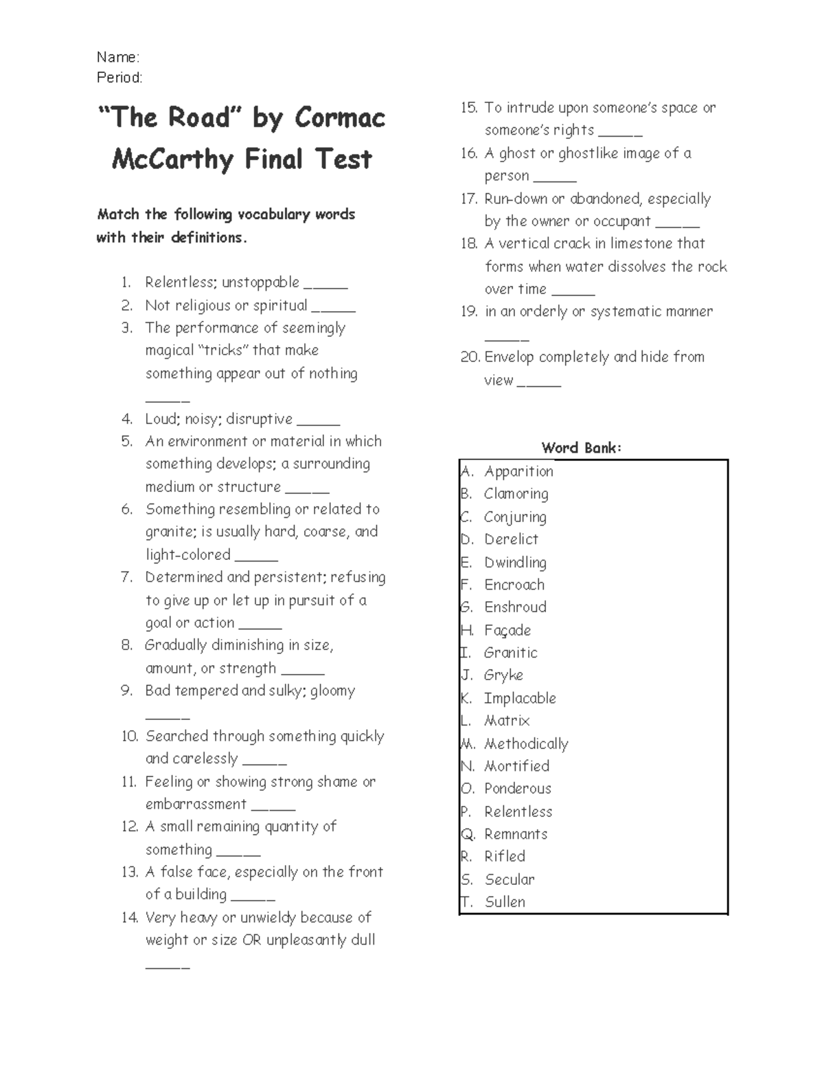 Final Test - The Road (ENG 101) Vocabulary & Plot Questions - Studocu