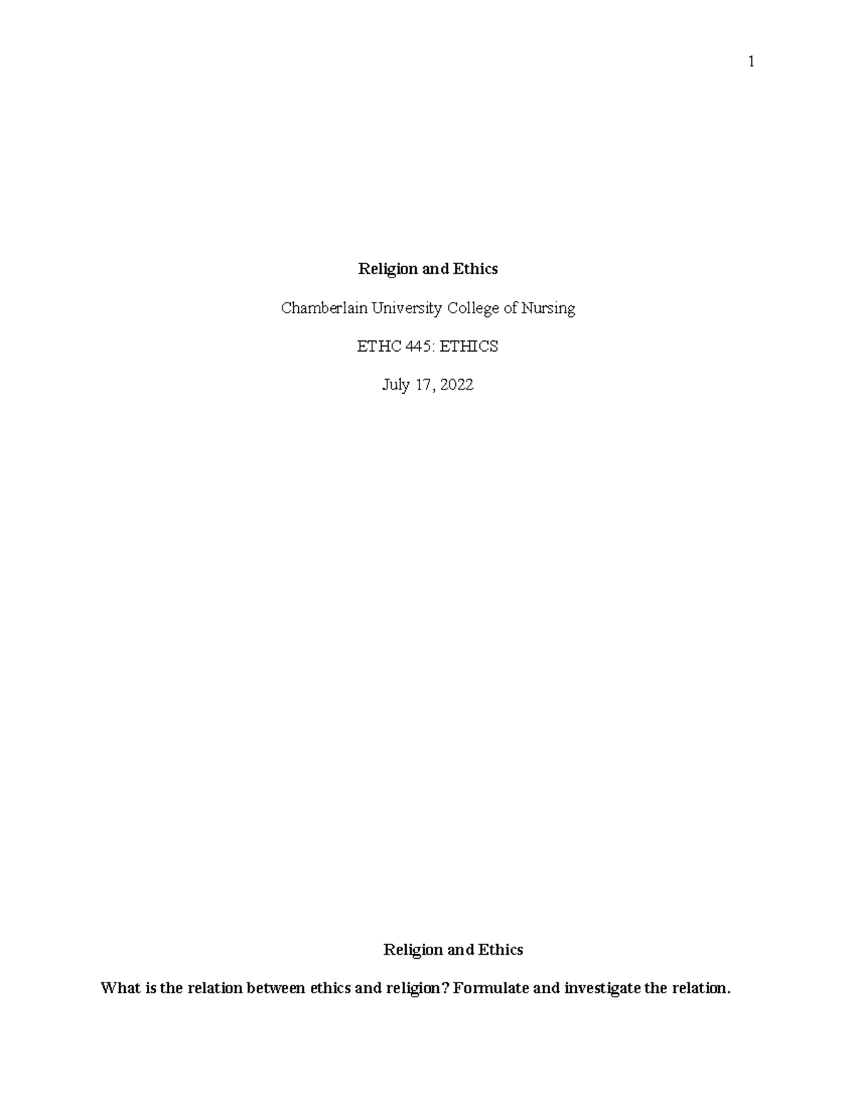 ETHC 445: Week 2 Paper - Exploring Religion and Ethics - Studocu