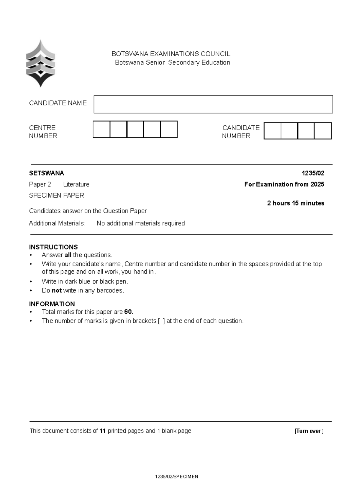 BEC 2025 Setswana Paper 2 Specimen Exam Guide - Studocu