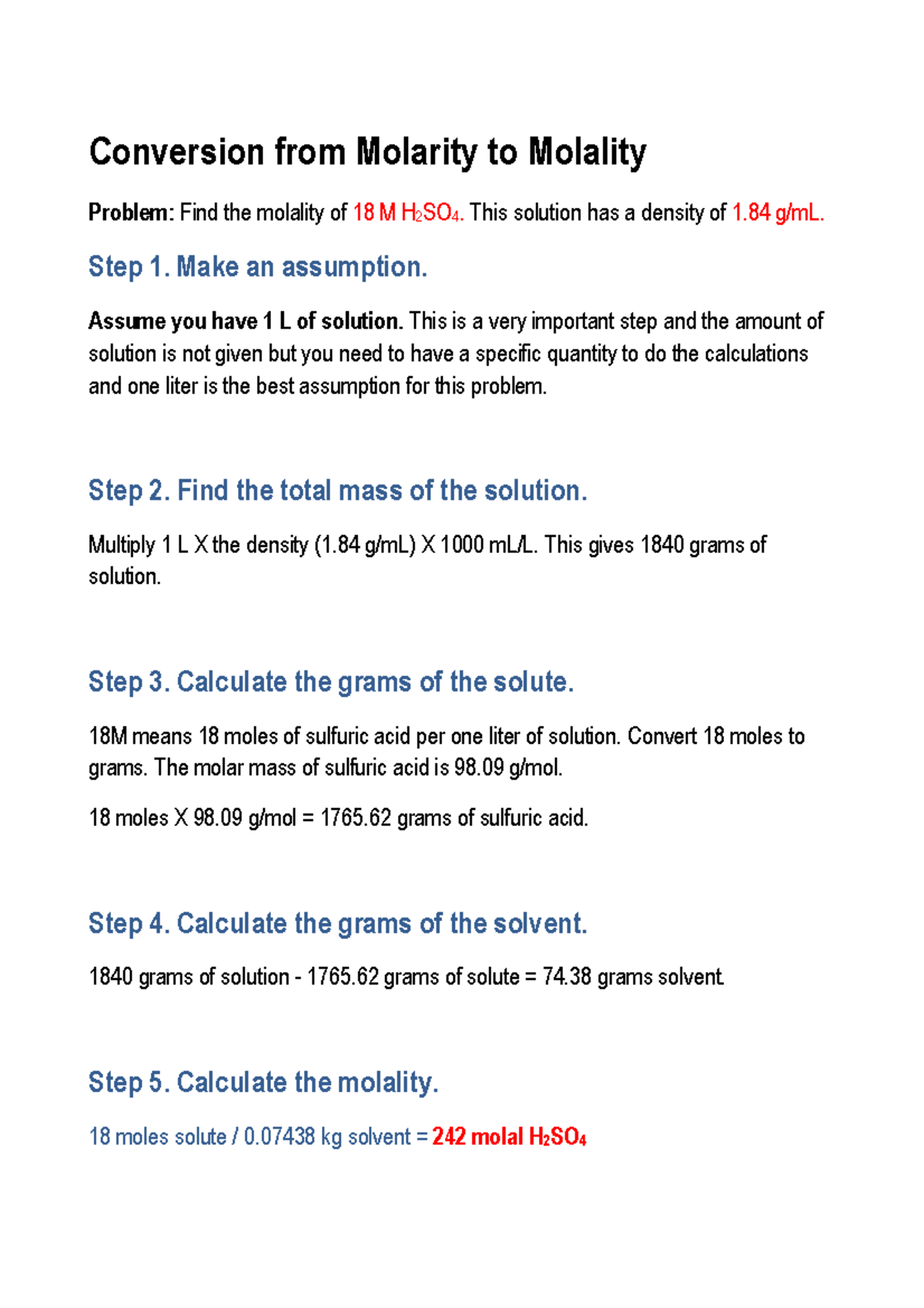 Conversion from Molarity to Molality: H2SO4 Calculation Steps - Studocu