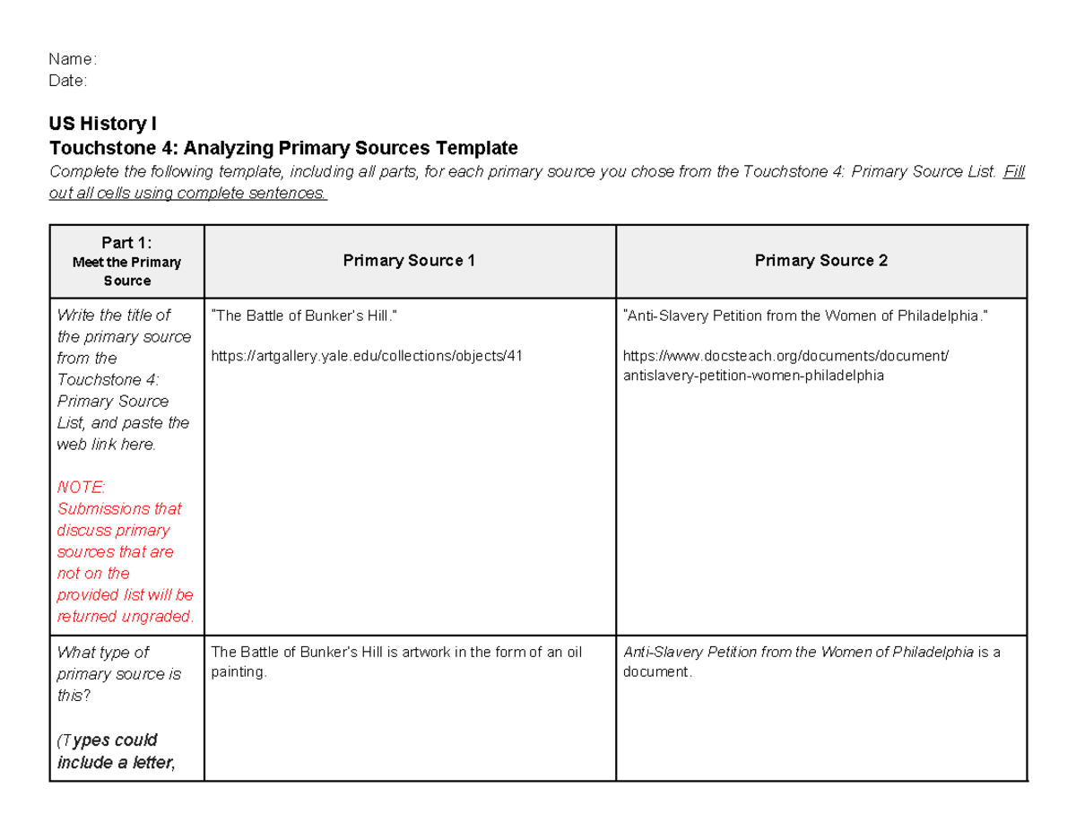 US History I Touchstone 4: Primary Source Analysis Template - Studocu