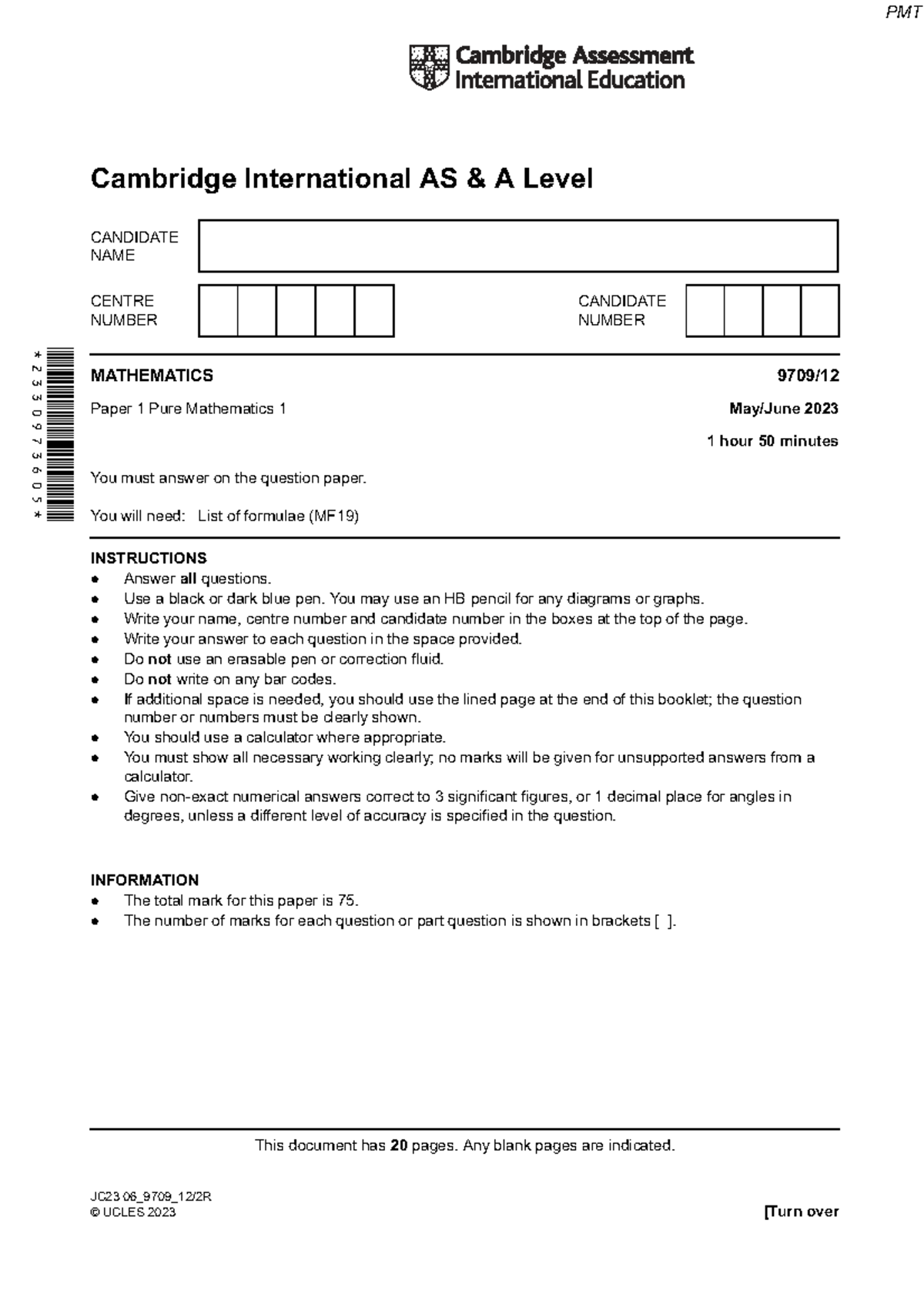 Mathematics Paper 1 Pure Mathematics 1 (AS Level) - June 2023 Exam ...