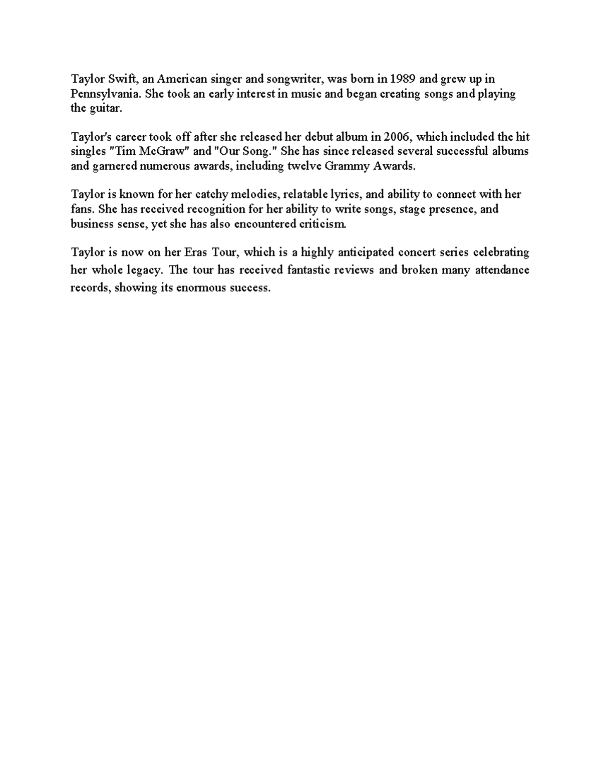 Unit 11 Writing: Taylor Swift's Musical Journey and Eras Tour - Studocu