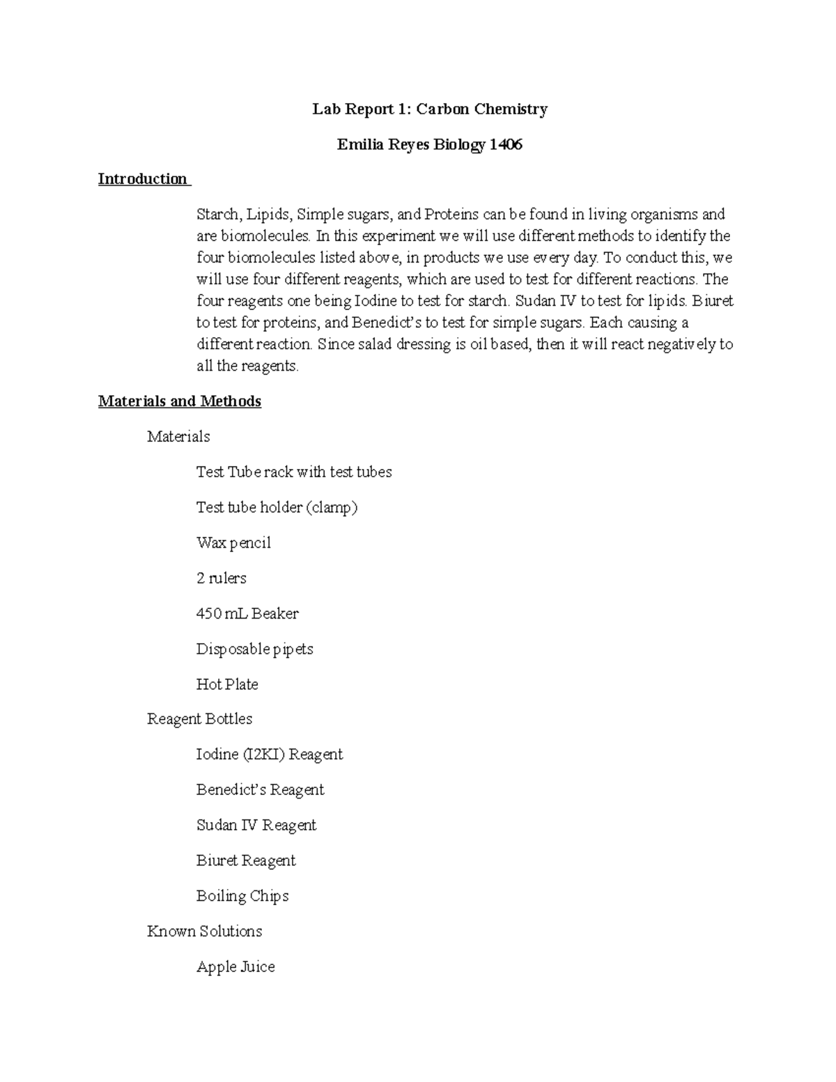 Lab 3 - Carbon Chemistry Lab Report: Biomolecule Identif. (Bio 1406 ...
