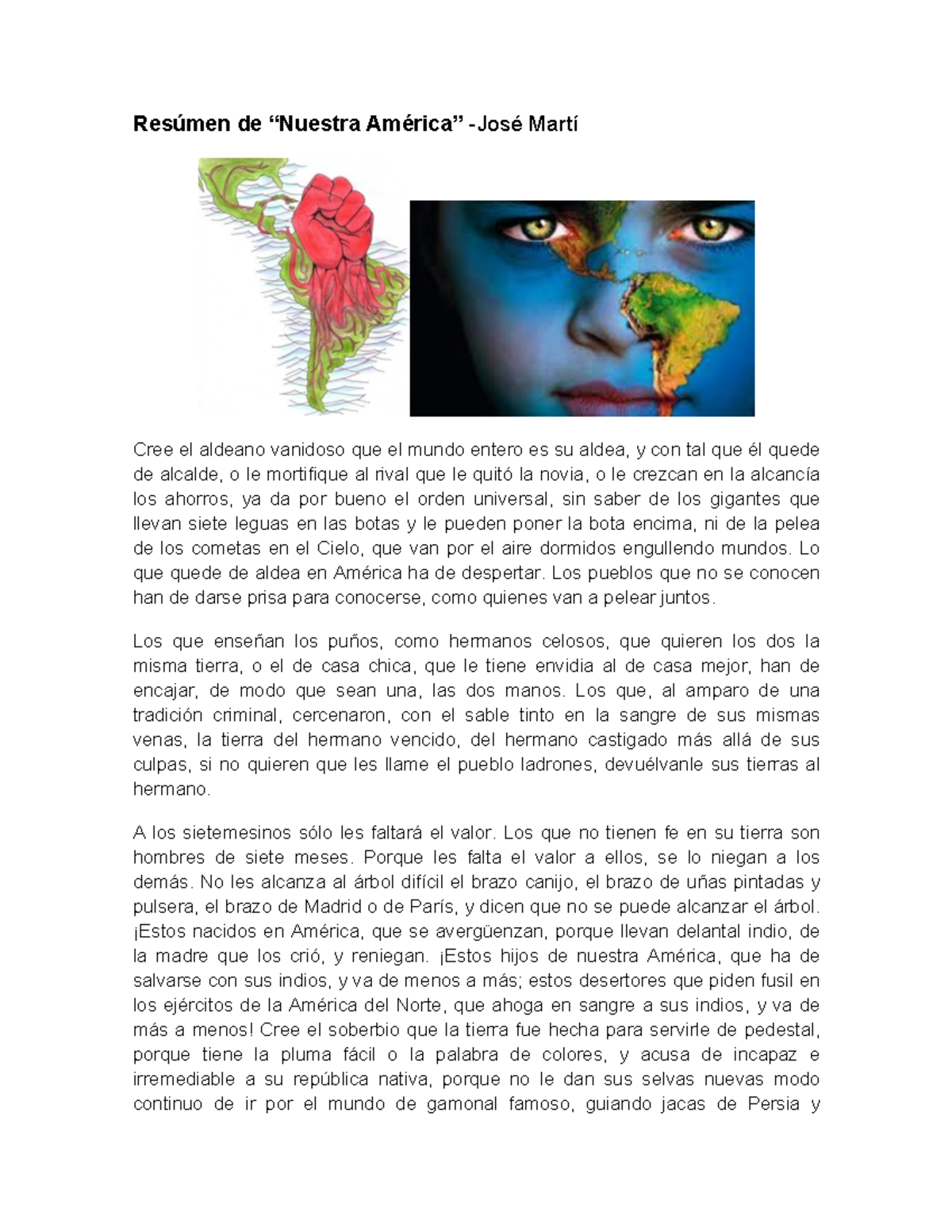 Resúmen de “Nuestra América” -José Martí - Resúmen de “Nuestra América ...