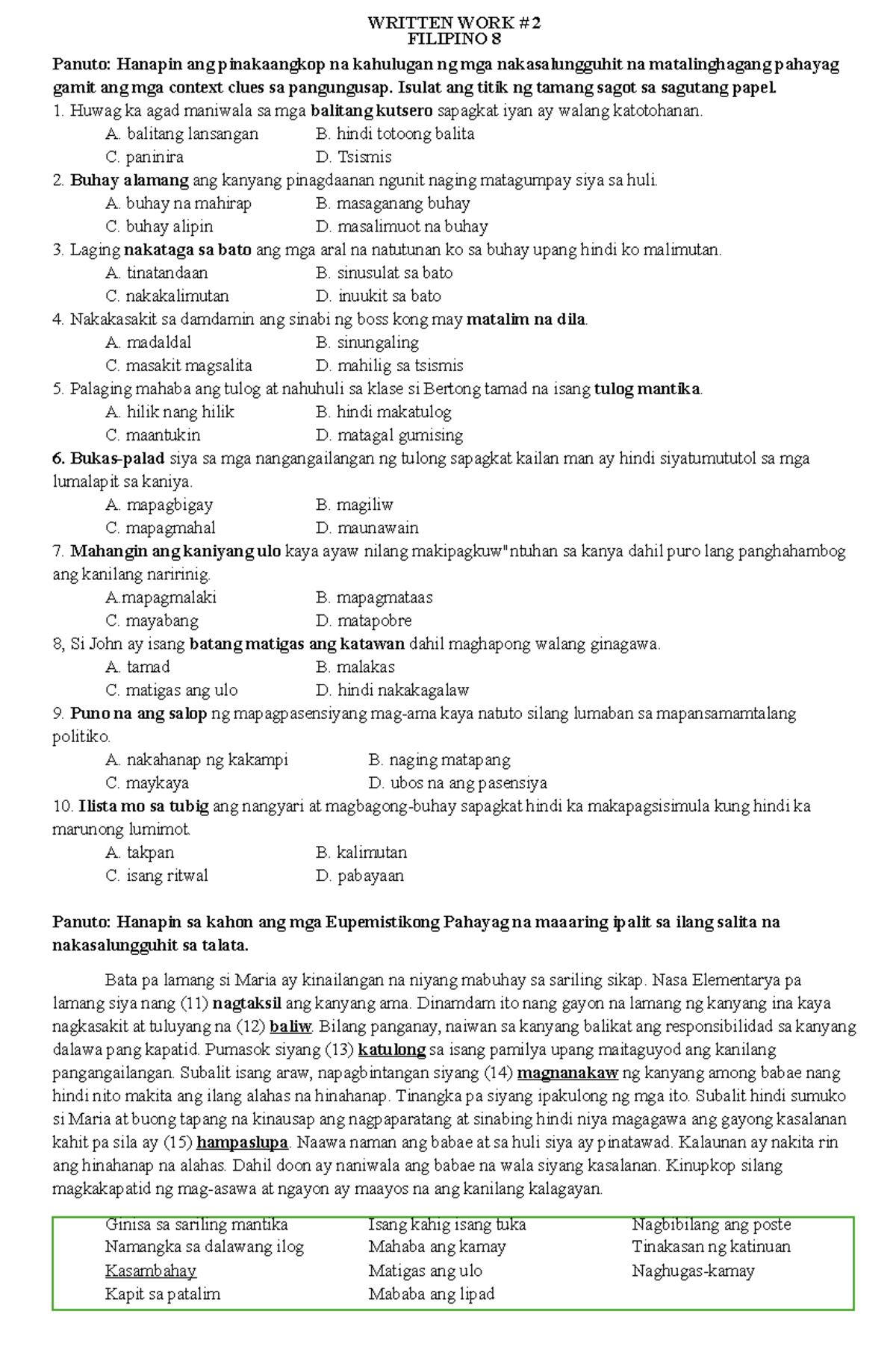 Q1-WW-2 - Written Work Filipino 8-Q1 - Panuto: Hanapin ang pinakaangkop ...